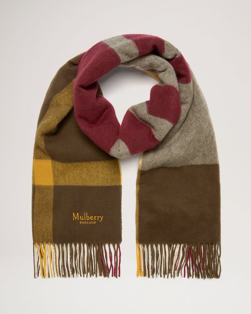 Large Check Lambswool Scarf | Khaki Green Lambswool | Women | Mulberry