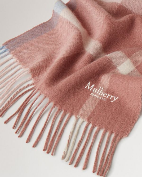 Mulberry | Small Check Merino Wool Scarf | Autumn Rose & Poplin Blue ...