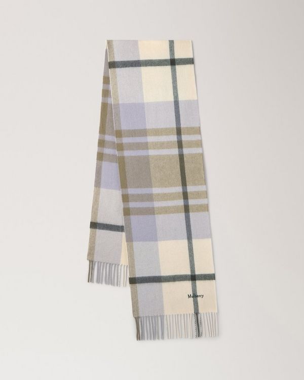 Mulberry | Small Check Merino Wool Scarf | Eggshell & Olive Merino Wool