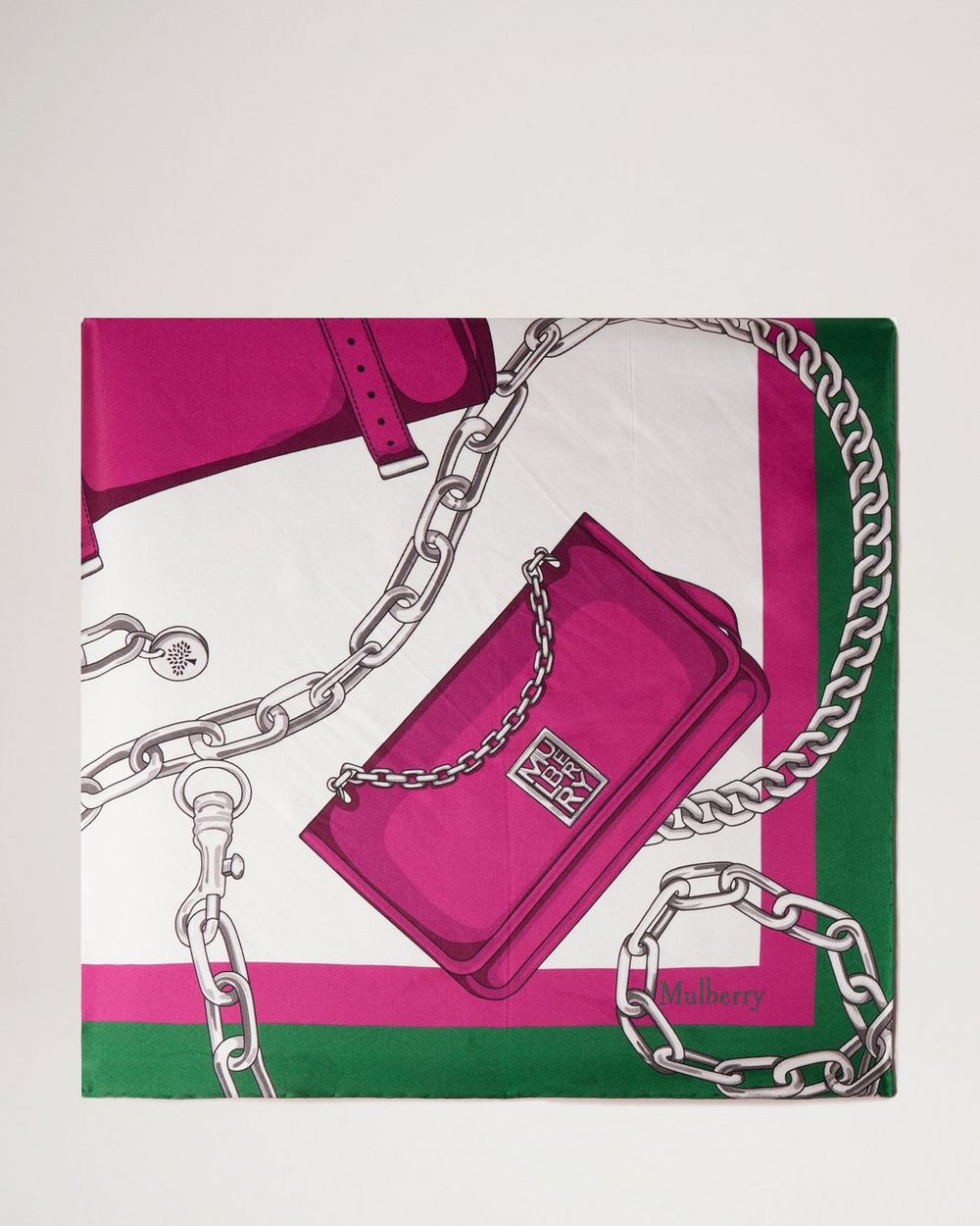 Bag with Chains Square | Lawn Green & Mulberry Pink Organic Silk twill ...
