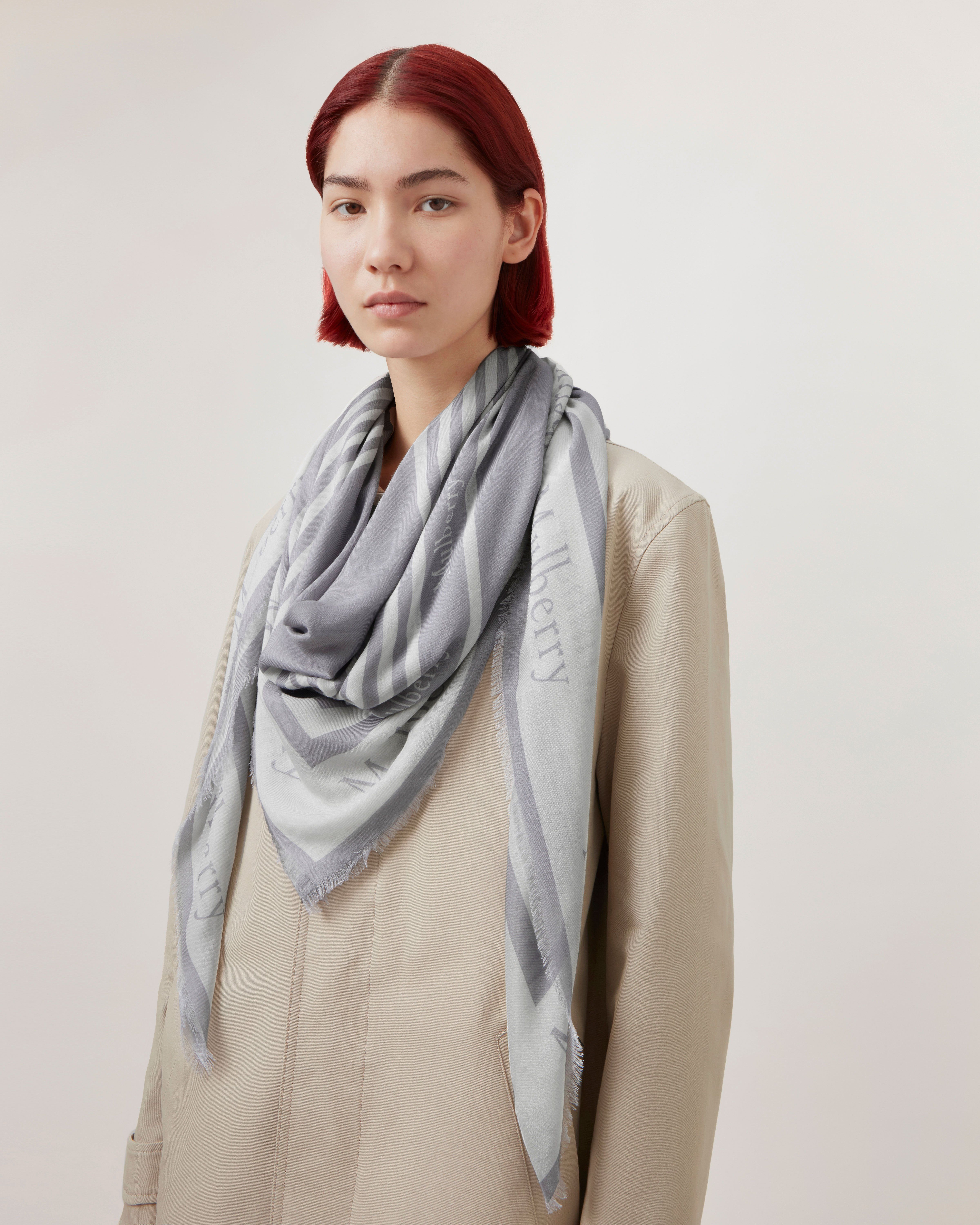 Logo Border Square | Pale Grey & White Modal Cashmere Blend | Women ...