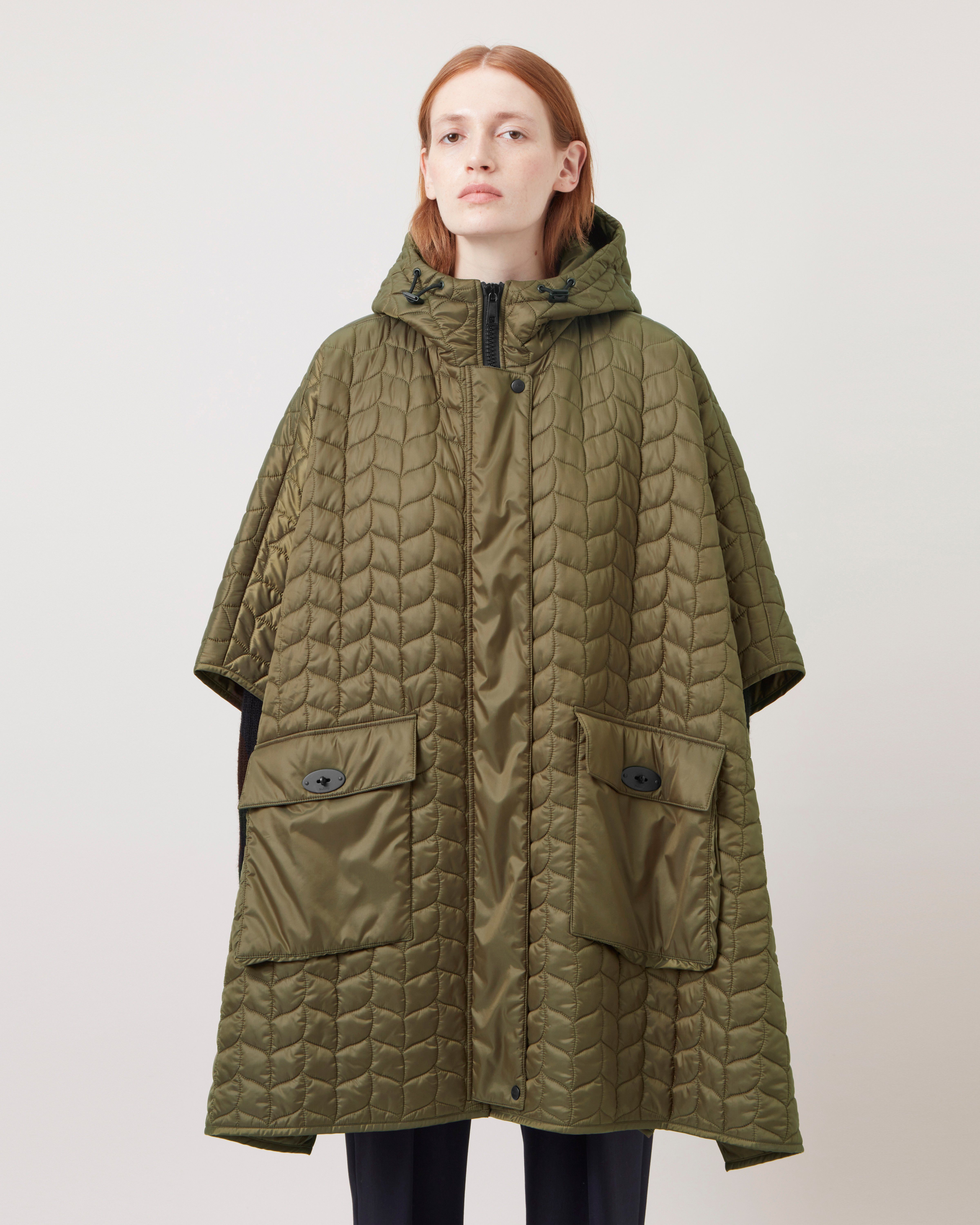 Softie Quilted Hooded Cape | Khaki Recycled Nylon | Softie Outerwear ...